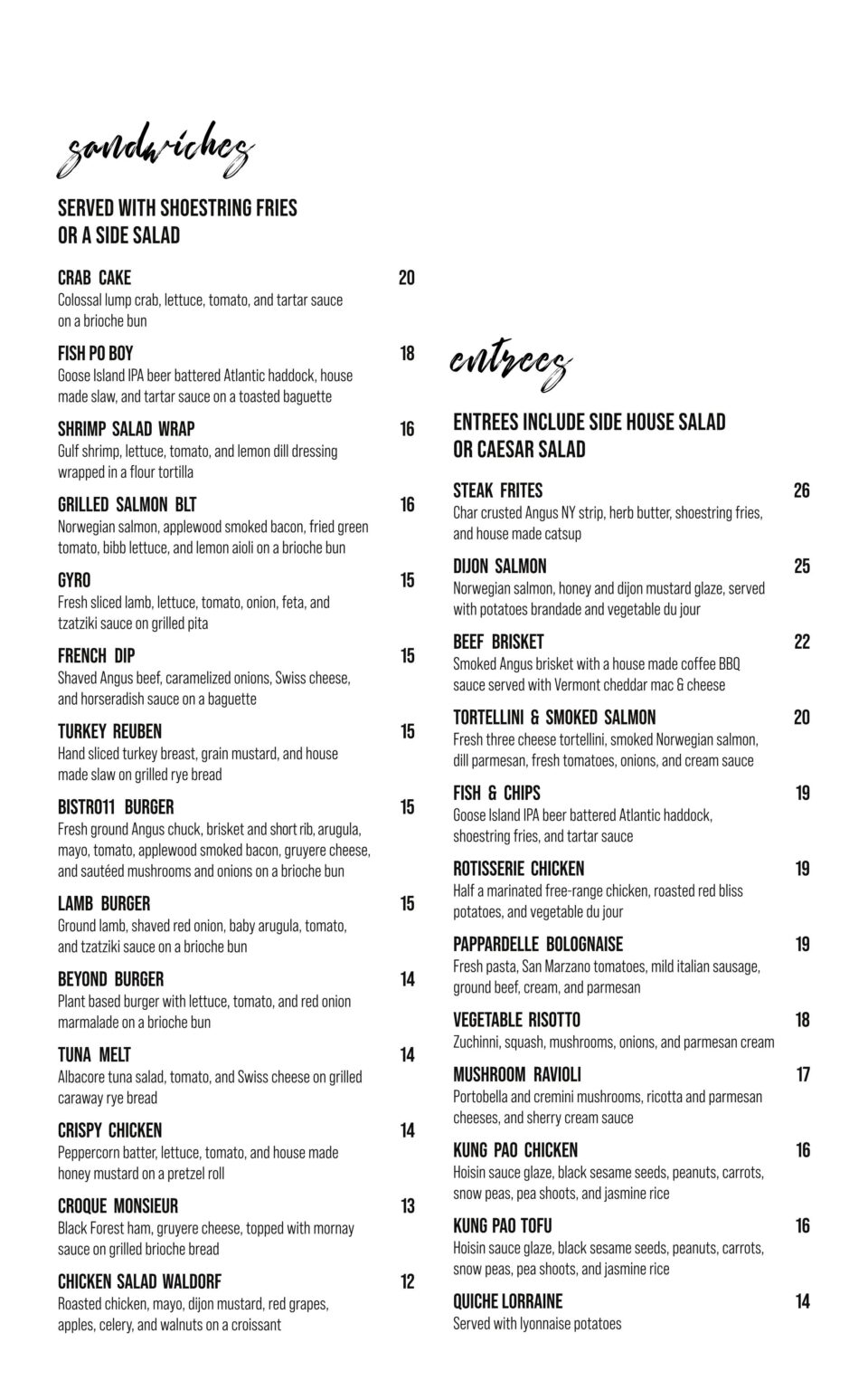 Lunch Menu – Bistro 11