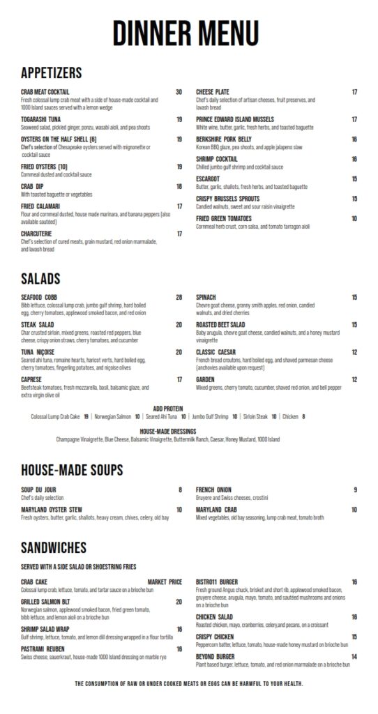 Dinner Menu – Bistro 11